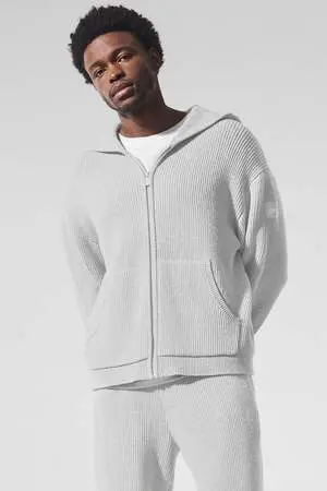 Alo Yoga Domain Rib Knit Full Zip Sweater Top - Athletic Heather